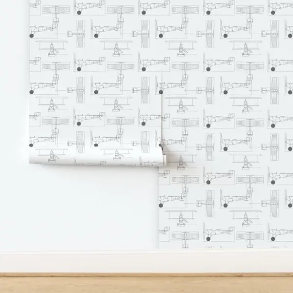 Spoonflower Flight School Gray Airplane Plane Custom Pre-pasted Wallpaper