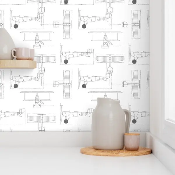 Spoonflower Flight School Gray Airplane Plane Custom Pre-pasted Wallpaper