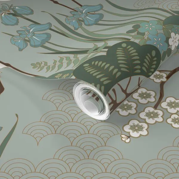 Spoonflower Asian Birds Japanese Sakura Cherry Blossom Cranes 100% Natural Sisal Grasscloth Wallcovering - Sage