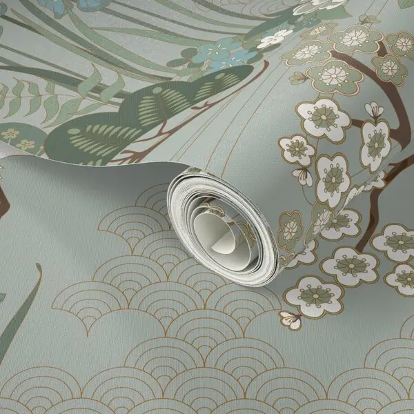 Spoonflower Asian Birds Japanese Sakura Cherry Blossom Cranes 100% Natural Sisal Grasscloth Wallcovering - Sage
