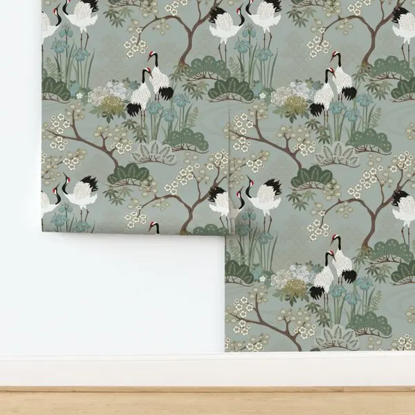Spoonflower Asian Birds Japanese Sakura Cherry Blossom Cranes 100% Natural Sisal Grasscloth Wallcovering