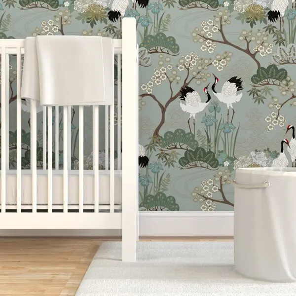 Spoonflower Asian Birds Japanese Sakura Cherry Blossom Cranes 100% Natural Sisal Grasscloth Wallcovering