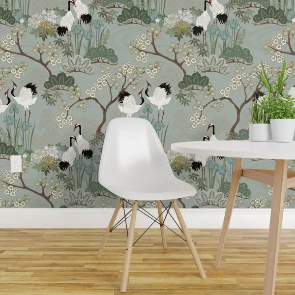 Spoonflower Asian Birds Japanese Sakura Cherry Blossom Cranes 100% Natural Sisal Grasscloth Wallcovering