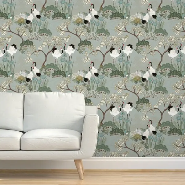 Spoonflower Asian Birds Japanese Sakura Cherry Blossom Cranes 100% Natural Sisal Grasscloth Wallcovering