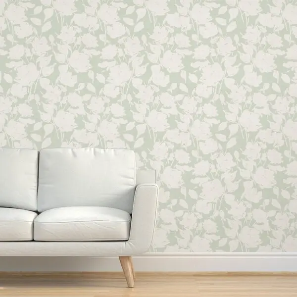 Spoonflower Light Green And White Floral 100% Natural Sisal Grasscloth Wallcovering