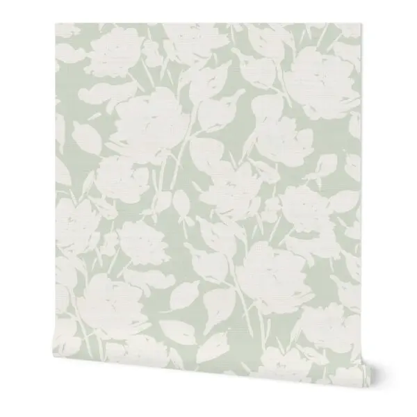 Spoonflower Light Green And White Floral 100% Natural Sisal Grasscloth Wallcovering