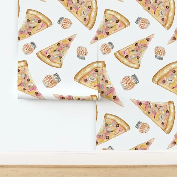 Spoonflower White Food Olive Blush Cheese Pepper Vegetarian Custom Pre-pasted Wallpaper