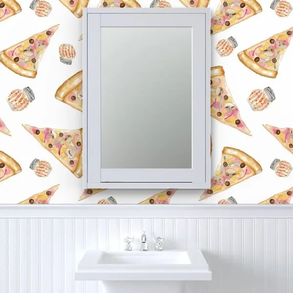 Spoonflower White Food Olive Blush Cheese Pepper Vegetarian Custom Pre-pasted Wallpaper