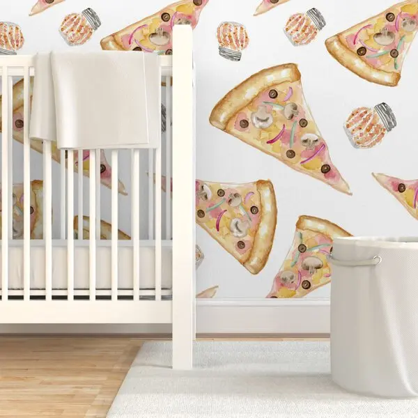 Spoonflower White Food Olive Blush Cheese Pepper Vegetarian Custom Pre-pasted Wallpaper