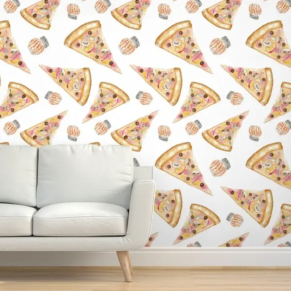 Spoonflower White Food Olive Blush Cheese Pepper Vegetarian Custom Pre-pasted Wallpaper