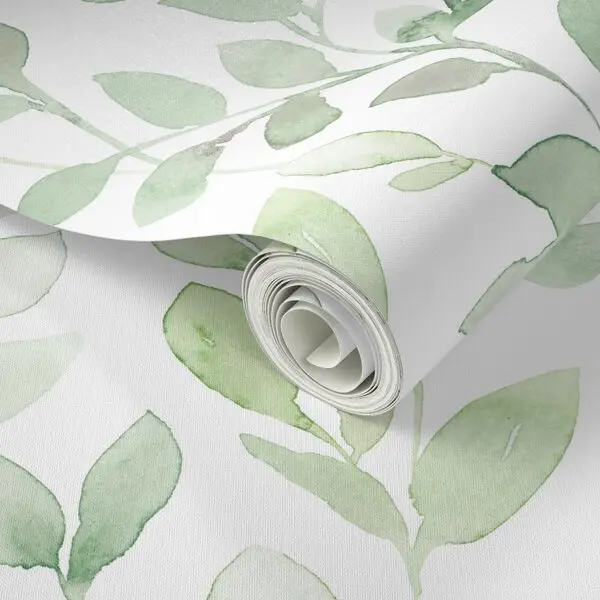 Spoonflower White Green Leaves Nature Branches Forest Fresh Custom Pre-pasted Wallpaper - Green,white,sage
