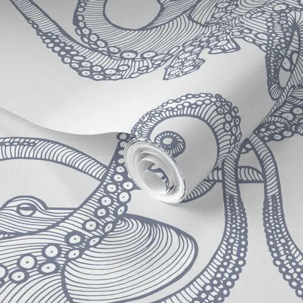 Spoonflower Fish Sea Squid Octopus Tentacles Under The Custom Removable Wallpaper - Gray,white,blue