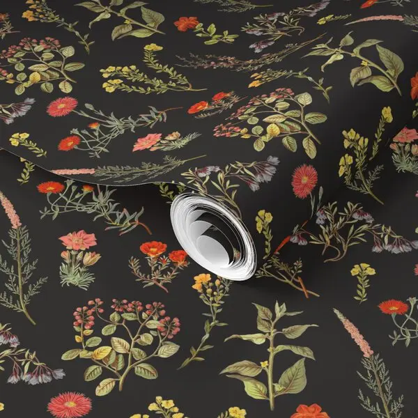 Spoonflower Garden Wild Flowers Flower Red Artistic Yellow Custom Pre-pasted Wallpaper - Gray,brown,green