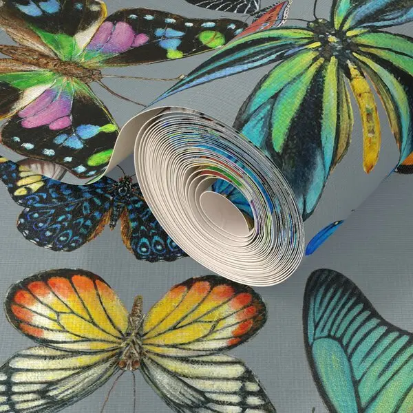 Spoonflower Butterfly Gray Painting Butterflies Insect 100% Natural Sisal Grasscloth Wallcovering - Gray,orange,blue