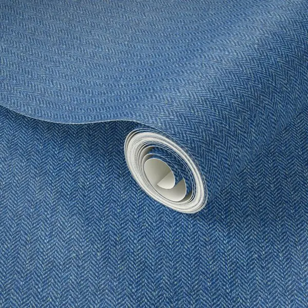 Spoonflower Herringbone Tweed Denim Texture Faux Custom Removable Wallpaper - Blue