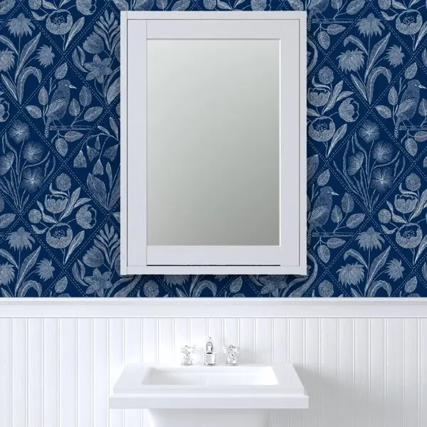 Spoonflower Bird Vintage Navy Tulip Sunflower Illustration Traditional Wallpaper