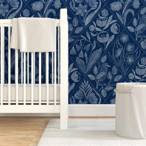 Spoonflower Bird Vintage Navy Tulip Sunflower Illustration Traditional Wallpaper