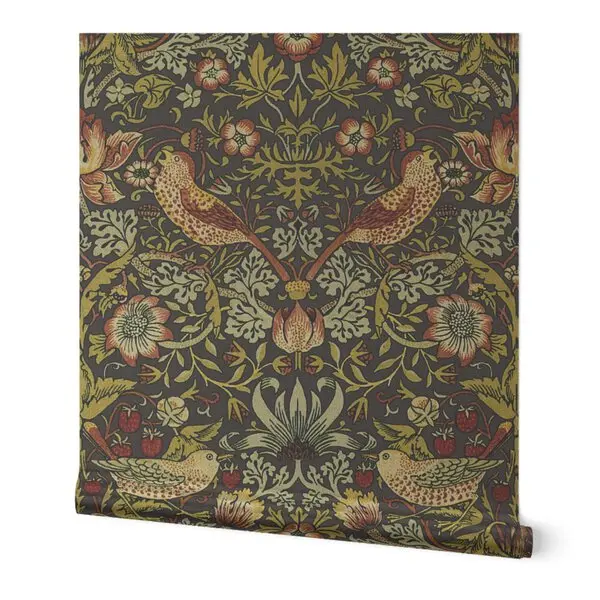 Spoonflower Bird Brown Floral Damask Classic William Morris Custom Removable Wallpaper