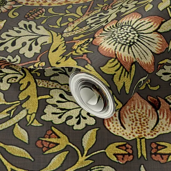 Spoonflower Bird Brown Floral Damask Classic William Morris Custom Removable Wallpaper - Brown,gray