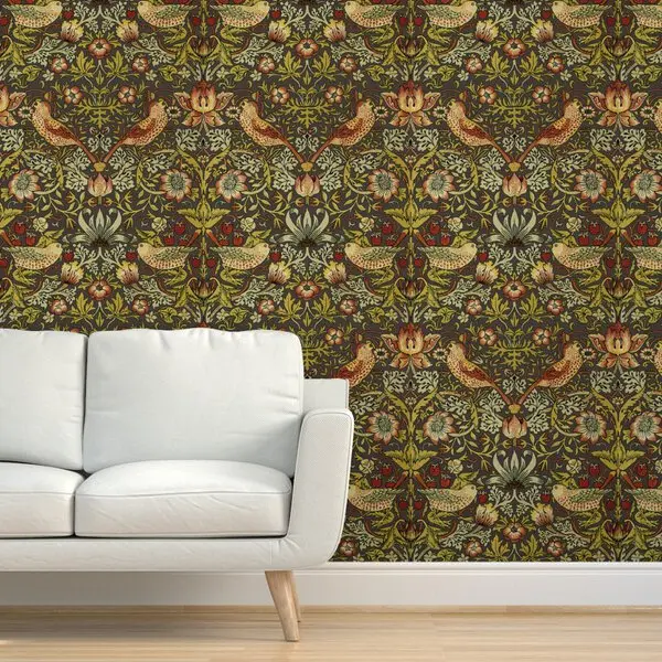 Spoonflower Bird Brown Floral Damask Classic William Morris Custom Removable Wallpaper