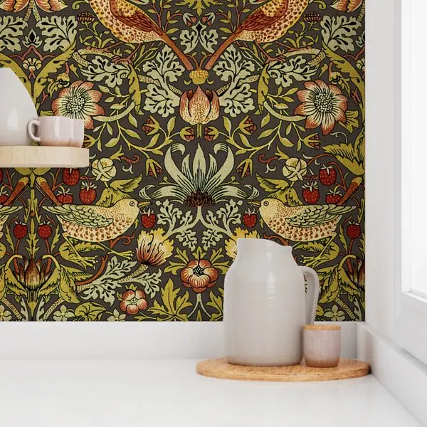 Spoonflower Bird Brown Floral Damask Classic William Morris Custom Removable Wallpaper