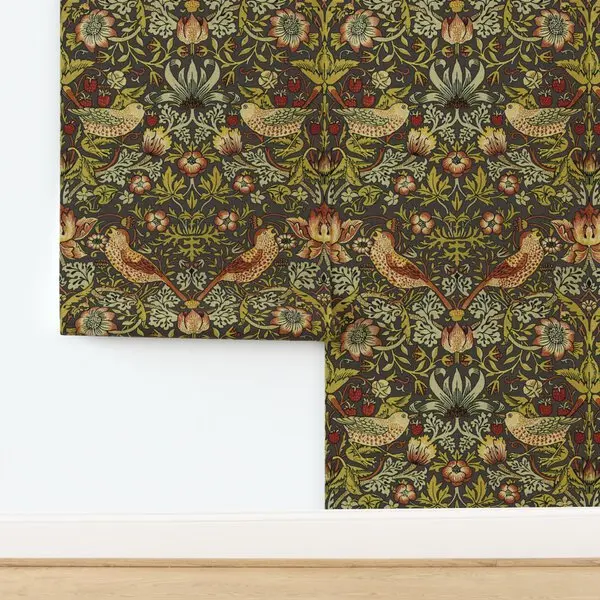 Spoonflower Bird Brown Floral Damask Classic William Morris Custom Removable Wallpaper