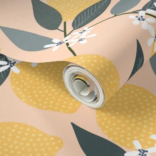 Spoonflower Pink Flower Green Yellow Floral Branches Traditional Wallpaper - Beige,gray,green