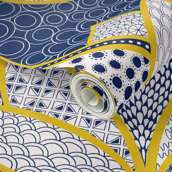 Spoonflower Japanese Lotus Golden Patchwork Blue White Custom Pre-pasted Wallpaper - Blue,yellow,beige