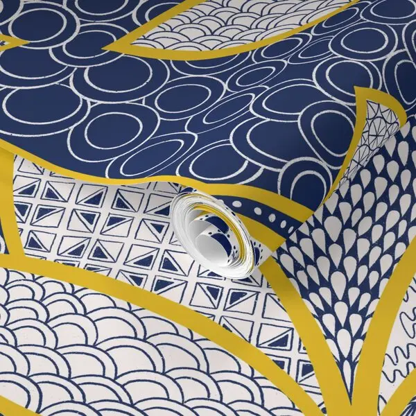 Spoonflower Japanese Lotus Golden Patchwork Blue White Custom Pre-pasted Wallpaper - Blue,yellow,beige