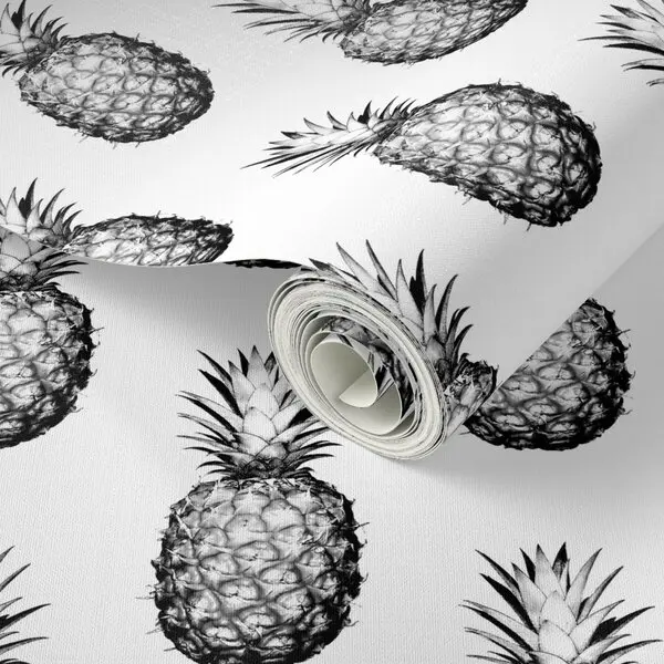 Spoonflower Pineapples Black White Large Food Pineapple Fruit Custom Pre-pasted Wallpaper - White,black,gray