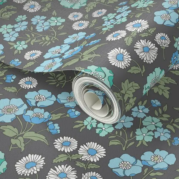 Spoonflower Floral Flowers Vintage Garden Blue Mint Green Dark Traditional Wallpaper - Blue,green,gray