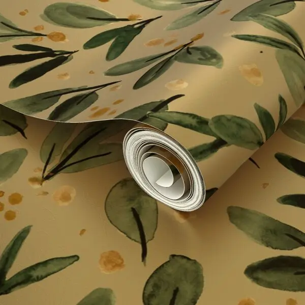 Spoonflower Green Berries Gold Gray Holiday Christmas Mod Traditional Wallpaper - Green,gray,sage