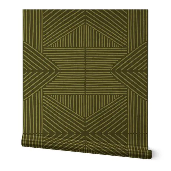 Spoonflower Modern Geometric Abstract Lines Olive 100% Natural Sisal Grasscloth Wallcovering