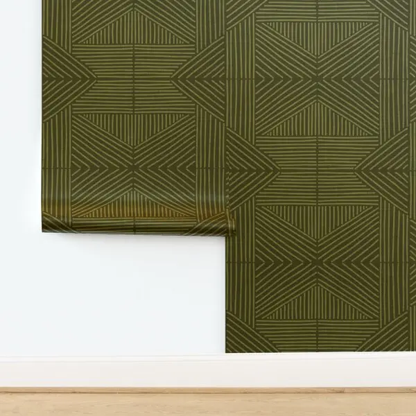 Spoonflower Modern Geometric Abstract Lines Olive 100% Natural Sisal Grasscloth Wallcovering