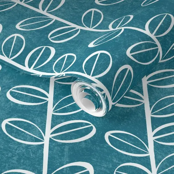 Spoonflower Leaves Vines Modern Stripes Texture Custom Pre-pasted Wallpaper - Teal,blue