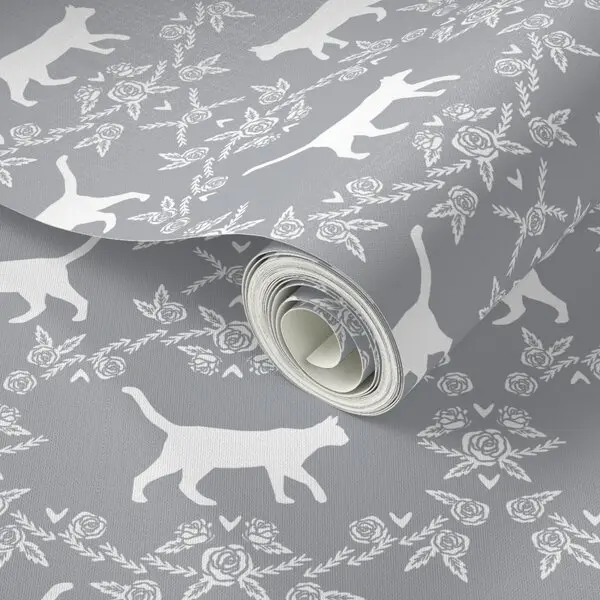 Spoonflower Cat Florals Silhouette Gray Custom Pre-pasted Wallpaper - Blue,gray