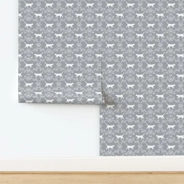 Spoonflower Cat Florals Silhouette Gray Custom Pre-pasted Wallpaper - Blue,gray