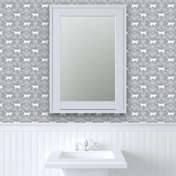 Spoonflower Cat Florals Silhouette Gray Custom Pre-pasted Wallpaper - Blue,gray