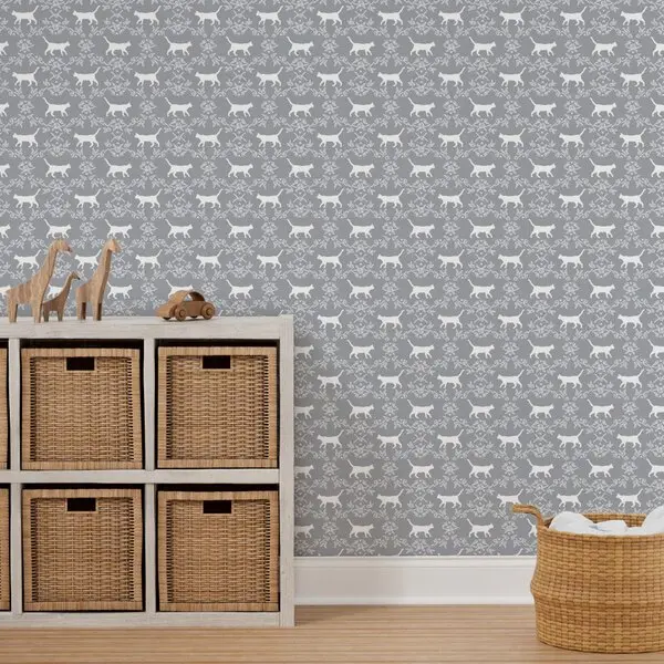 Spoonflower Cat Florals Silhouette Gray Custom Pre-pasted Wallpaper - Blue,gray