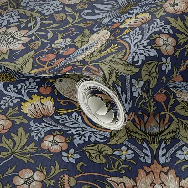 Spoonflower Floral Birds Victorian Art Nouveau Damask Custom Removable Wallpaper - Green,blue,brown
