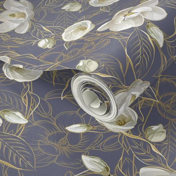 Spoonflower Southern Magnolias On Blue Gray Traditional Wallpaper - Gray,beige