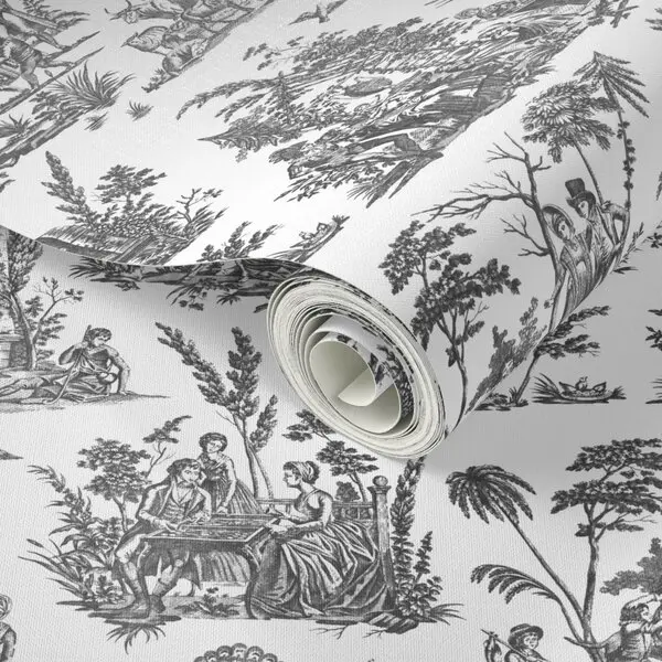 Spoonflower Black And White Romantic France French Toile Custom Removable Wallpaper - Black,white,gray