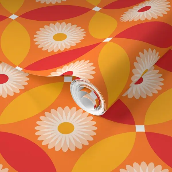 Spoonflower White Flowers Red Floral Orange Geometric Feminine Traditional Wallpaper - White,red,orange