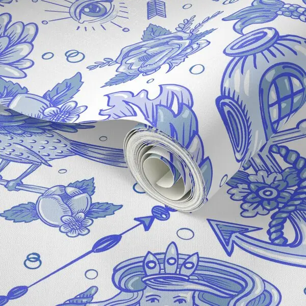 Spoonflower Bird Flowers Roses Sea Eye Octopus Custom Pre-pasted Wallpaper - Blue