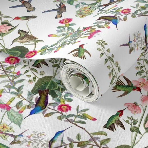 Spoonflower Hummingbird Bird White Flowers Floral Traditional Custom Removable Wallpaper - Gray,green