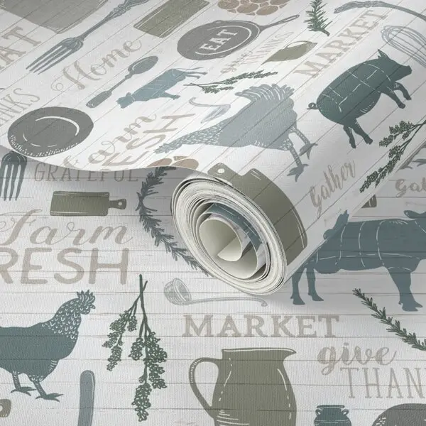 Spoonflower Round Horizontal Modern Farmhouse Farm Fresh Tea Custom Removable Wallpaper - Gray