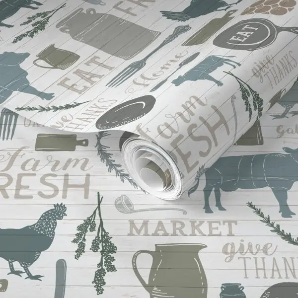 Spoonflower Round Horizontal Modern Farmhouse Farm Fresh Tea Custom Removable Wallpaper - Gray