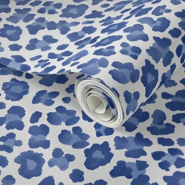 Spoonflower Blue Leopard Print Custom Pre-pasted Wallpaper - White,blue,gray