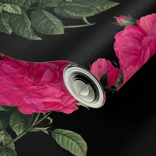 Spoonflower Rose Hot Pink Black Floral Roses Romantic Fuchsia Custom Pre-pasted Wallpaper - Black,pink,green