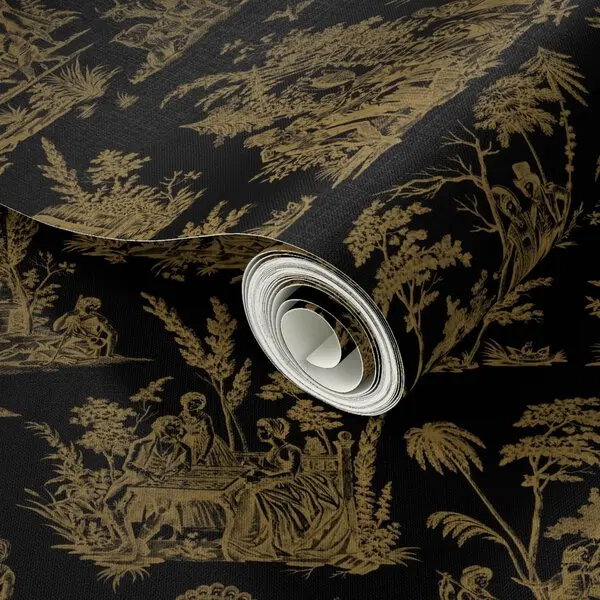Spoonflower Black Gold Romantic French Toile Gilt Chinoiserie Custom Removable Wallpaper - Black,gold,brown